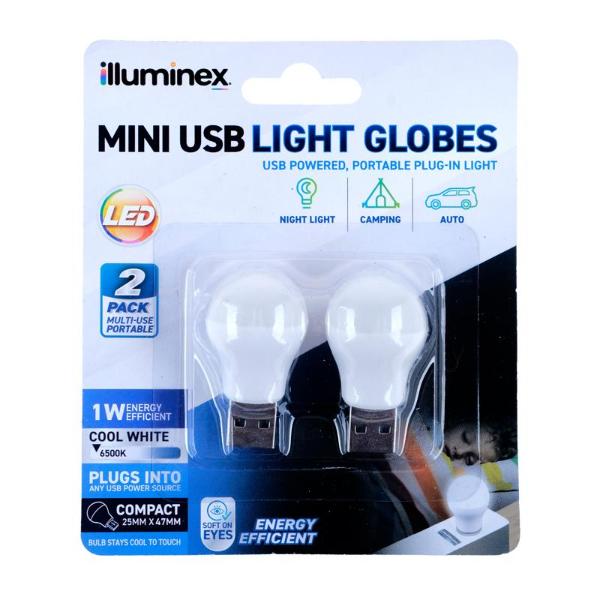2 Pack Illuminex Mini Cool White Usb Powered 1W 5V Light Globes - 2.5cm x 4.5cm | The Base Warehouse