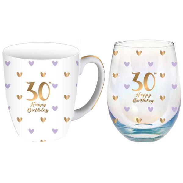 2 Pack 30th Sweet Heart 400ml Mug & Stemless Glass - 520ml | The Base Warehouse