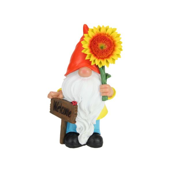 Gnome Holding Sunflower Welcome Sign - 30cm | The Base Warehouse