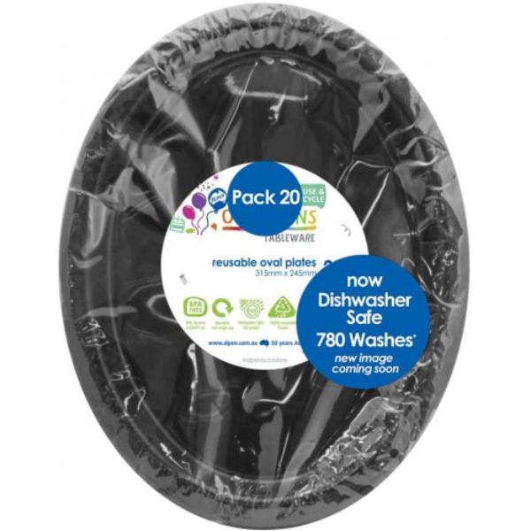 20 Pack Black Reusable Oval Plates - 31.5cm x 24.5cm | The Base Warehouse