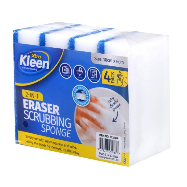4 Pack Eraser Sponge With Scrubber - 11cm x 6cm | The Base Warehouse