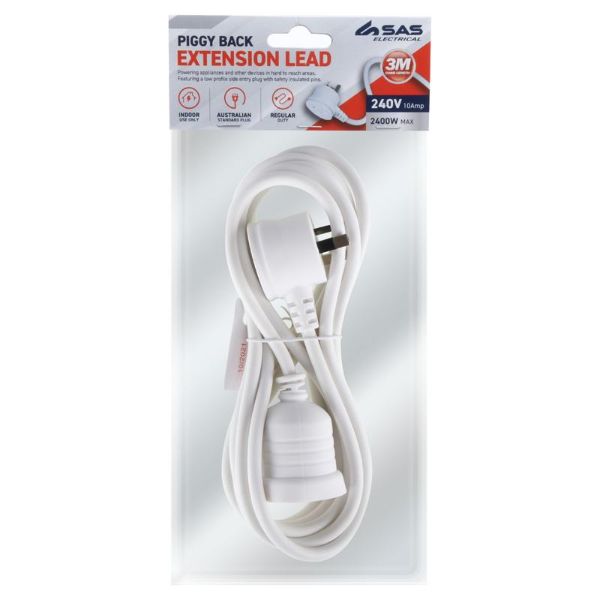 White 240V 10A Max Load Piggy Back Extension Lead - 3m | The Base Warehouse