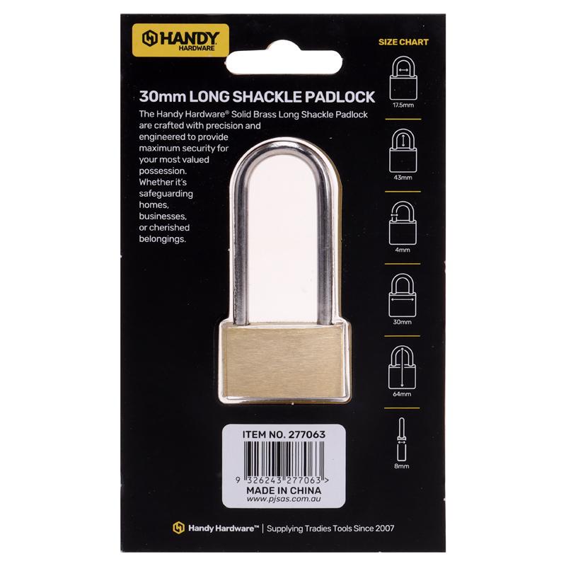 Solid Brass Long Shackle Padlock With 3 Keys - 3cm | The Base Warehouse