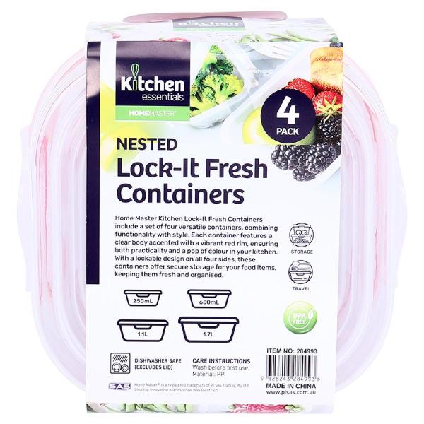 4 Pack Square Lock It Fresh Food Container - 250ml x 650ml x 1100ml x ...