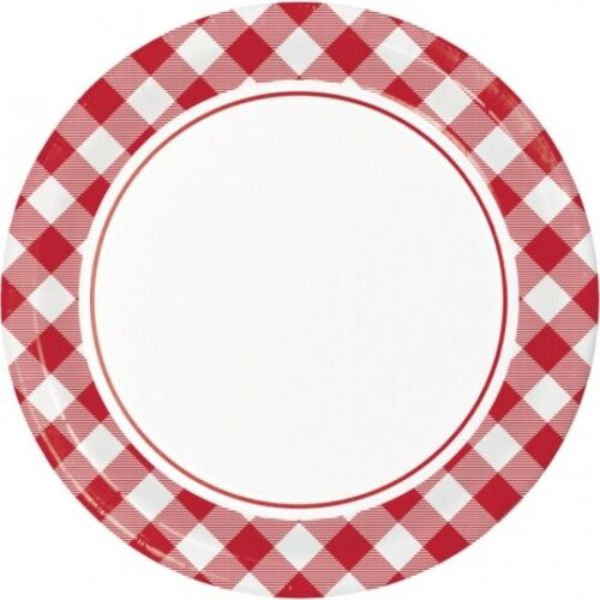 8 Pack Red & White Classic Gingham Paper Plates | The Base Warehouse
