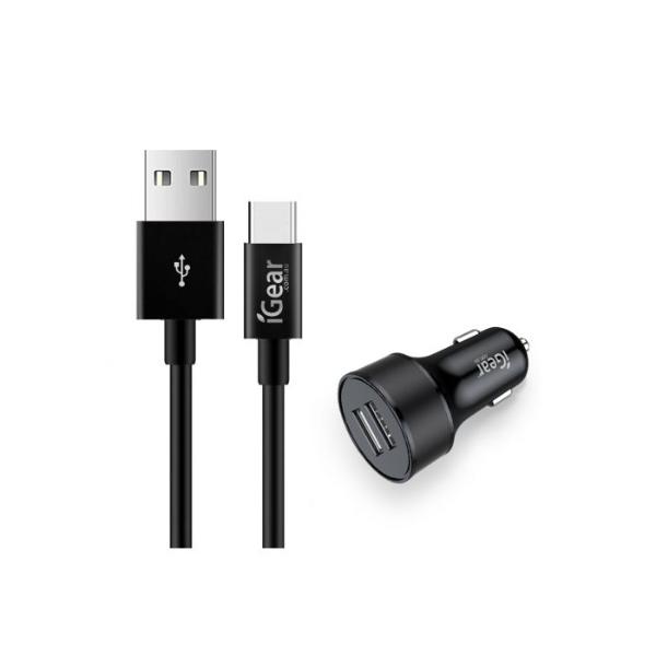 Black Dual USB With USB To USB C Cable Car Charger | The Base Warehouse