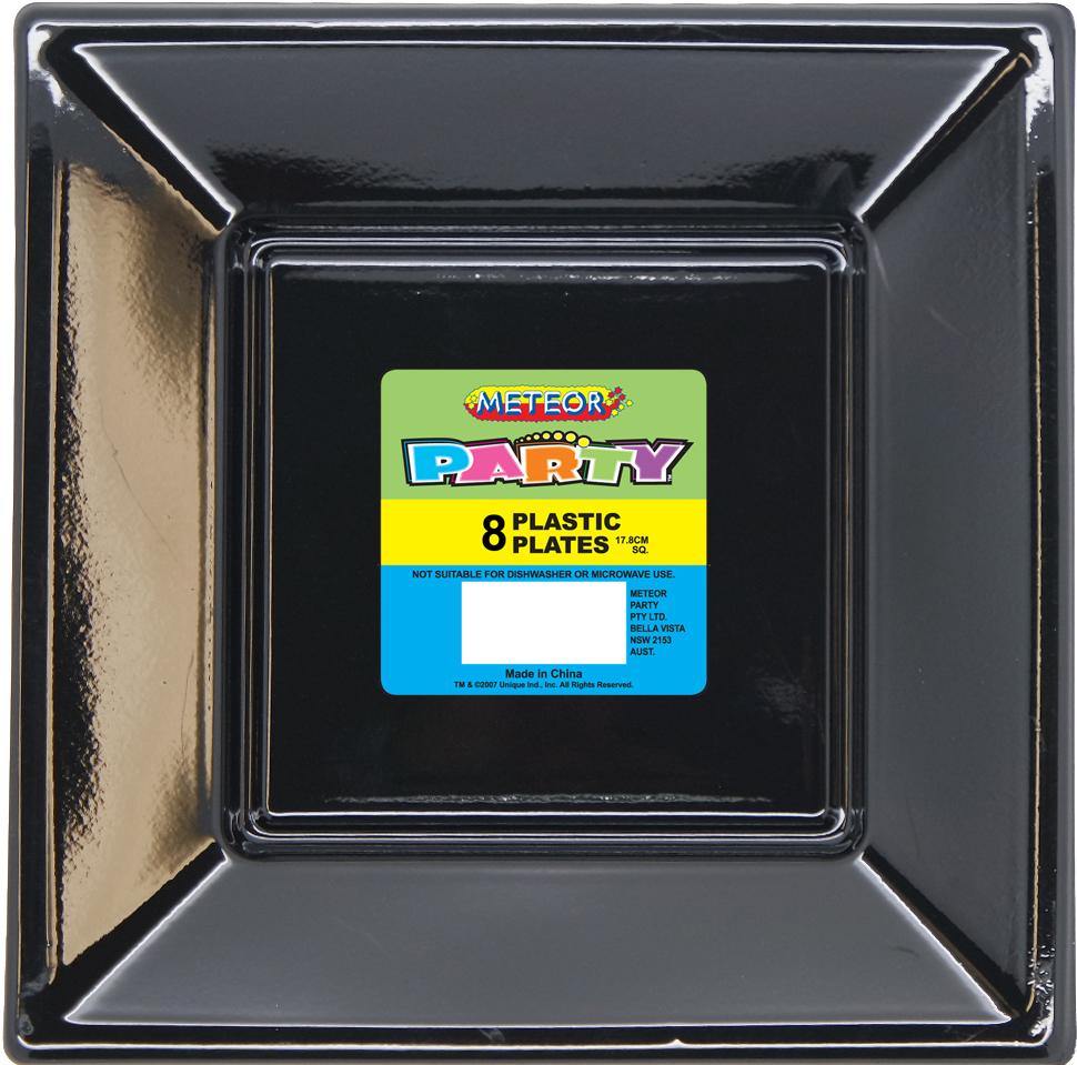 8 Pack Midnight Black Square Plastic Plates - 18cm | The Base Warehouse