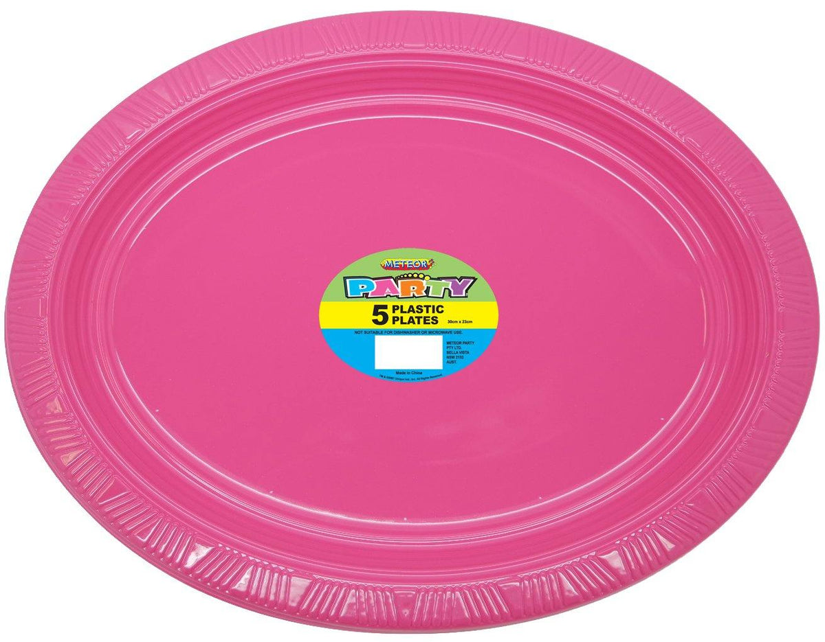 5 Pack Hot Pink Oval Plastic Plates - 30cm x 23cm | The Base Warehouse
