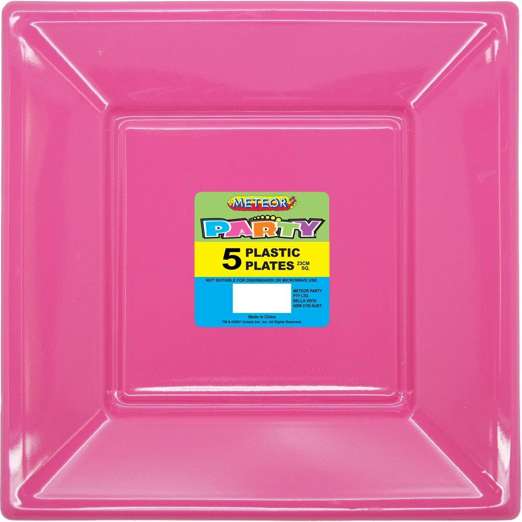 5 Pack Hot Pink Square Plastic Plates - 23cm | The Base Warehouse