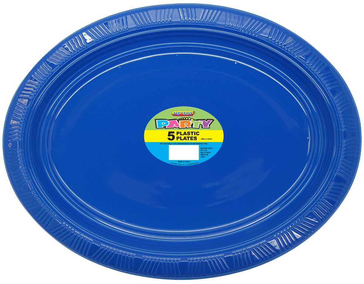 5 Pack Royal Blue Oval Plastic Plates - 30cm x 23cm | The Base Warehouse
