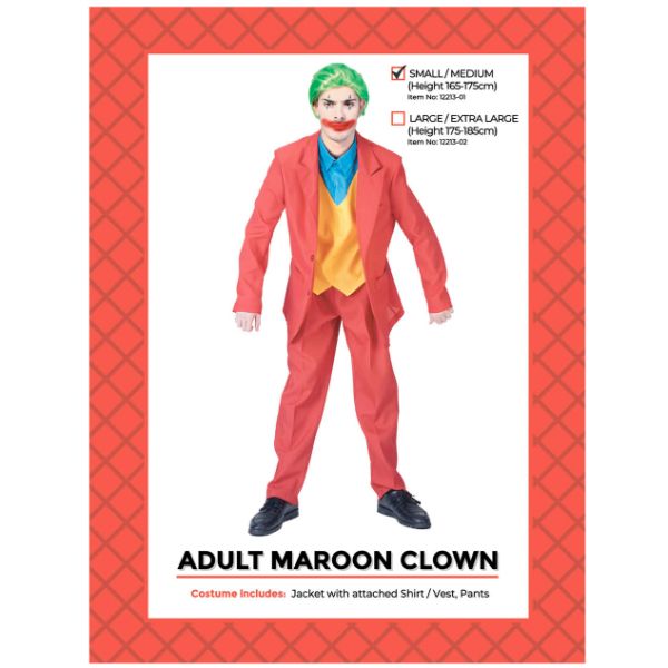 Adult Maroon Clown Costume (S/M)was 90105-01 | The Base Warehouse