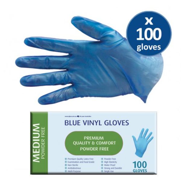 100 Pack Blue Vinyl Powder Free Disposable Gloves - Medium | The Base ...