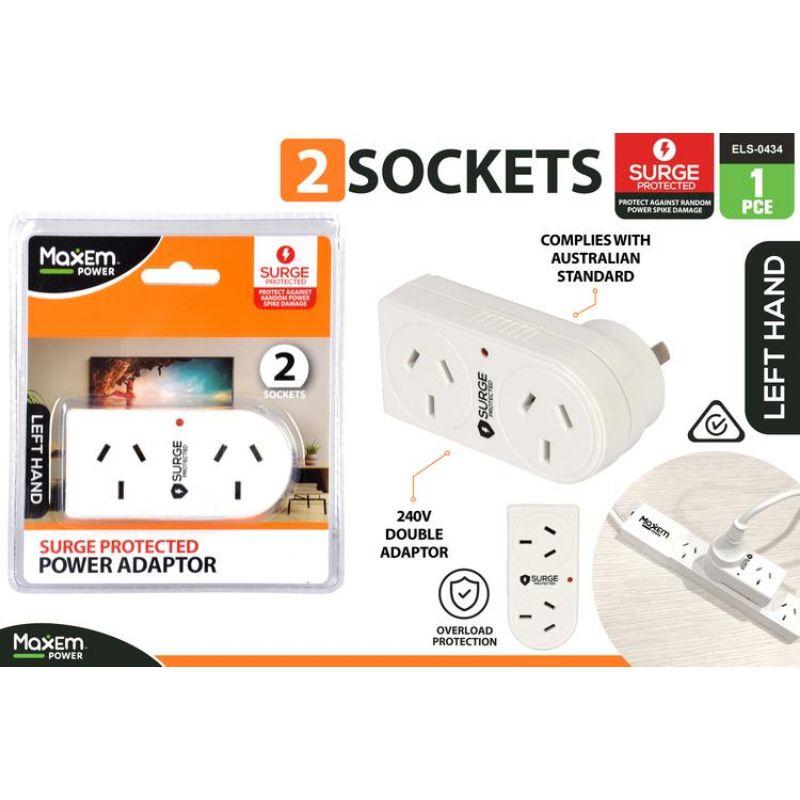 Maxem 2 Sockets Surge Protected Power Adapter - Left | The Base Warehouse
