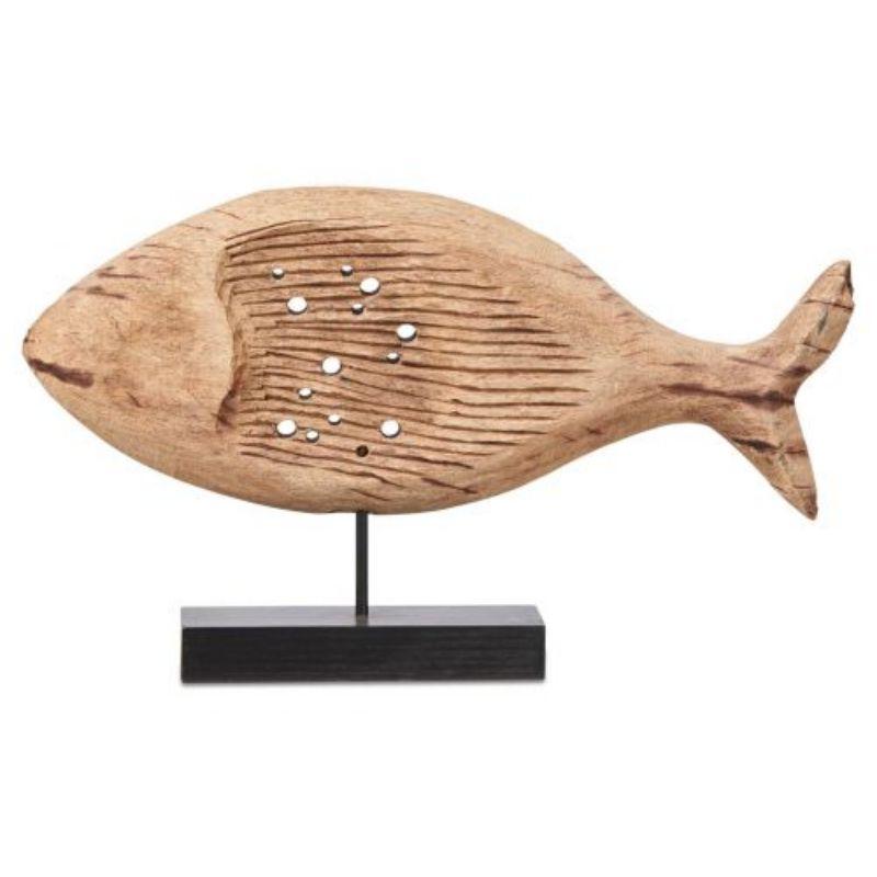 Neptune Mango Wood Chiselled Wide Fish on Stand - Natural/Black - 54cm ...