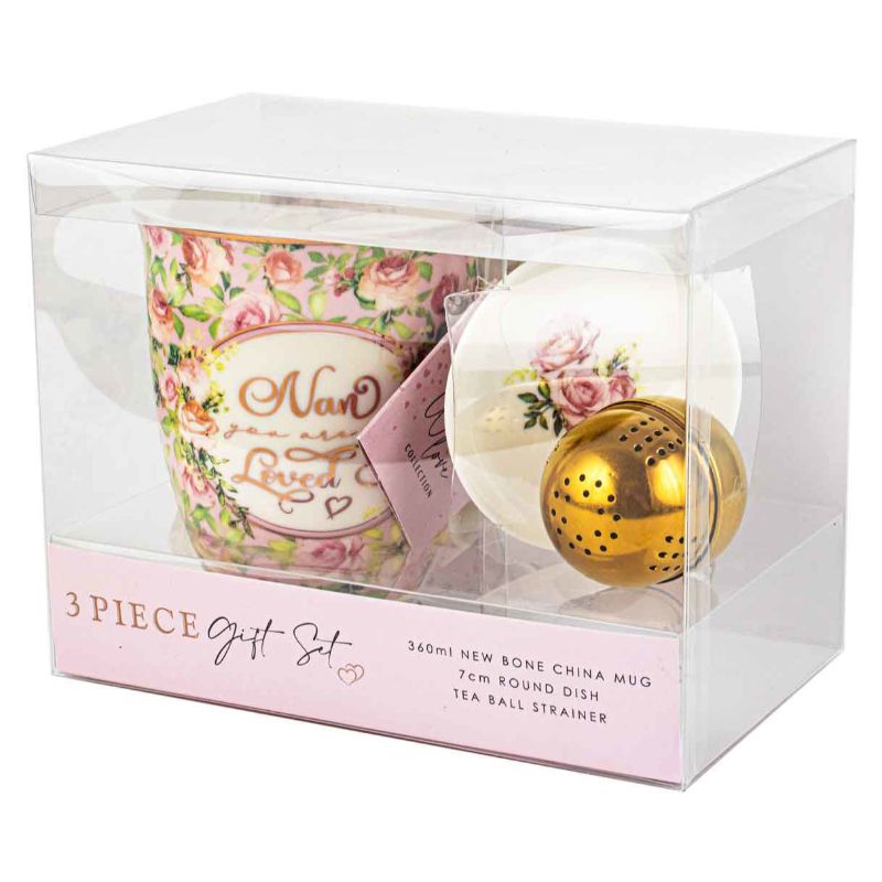 Nan Pink Roses Mug, Dish & Strainer Set - 360ml | The Base Warehouse