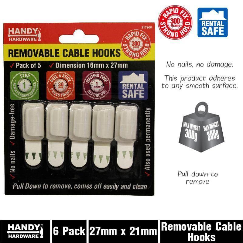 5 Pack Removable Cable Hooks - 16mm x 27mm | The Base Warehouse