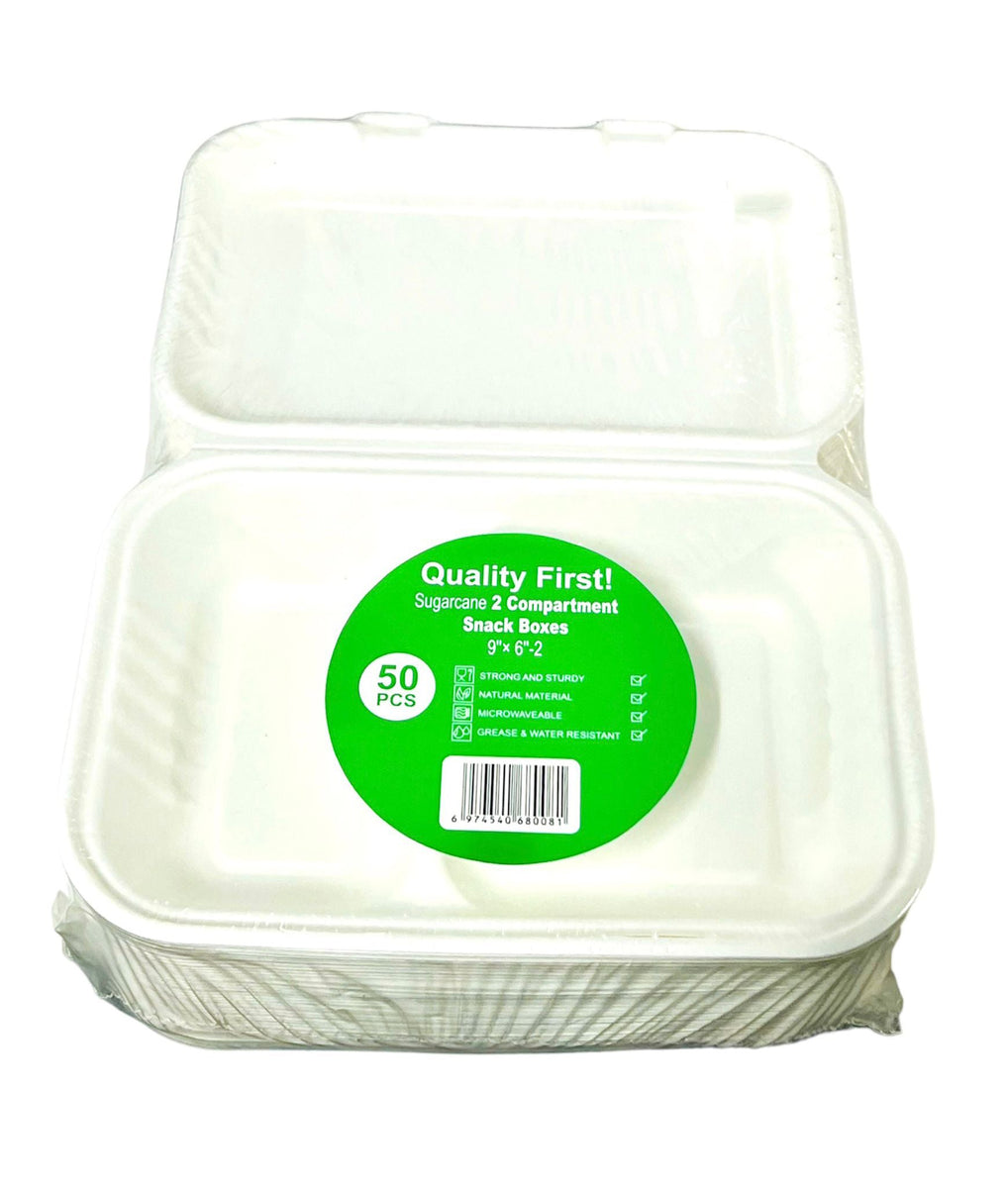 50 Pack Sugar Cane 2 Compartment Snack Boxes - 22.86cm x 15.24cm | The ...