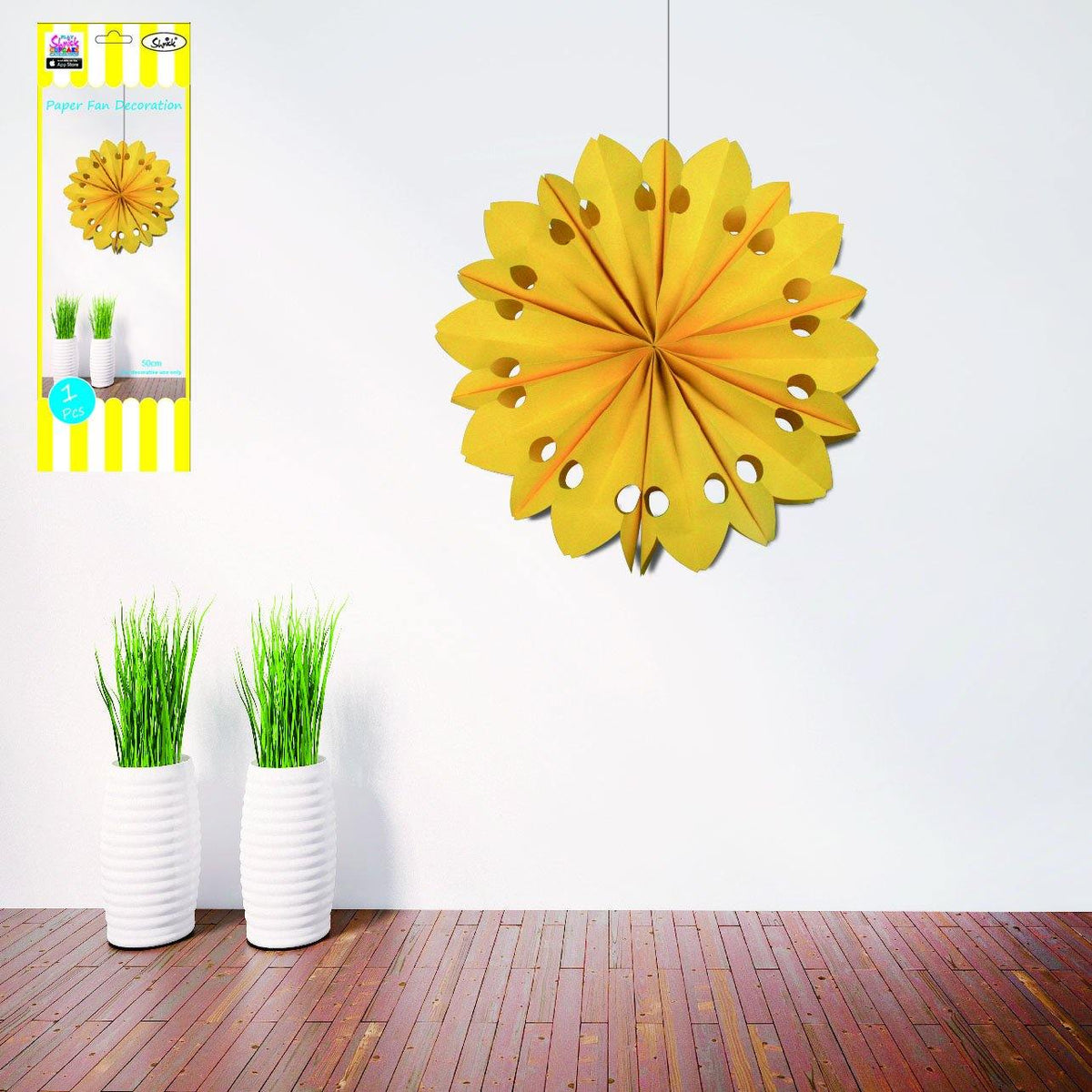 Yellow Paper Wheel Fan Decoration - 50cm | The Base Warehouse